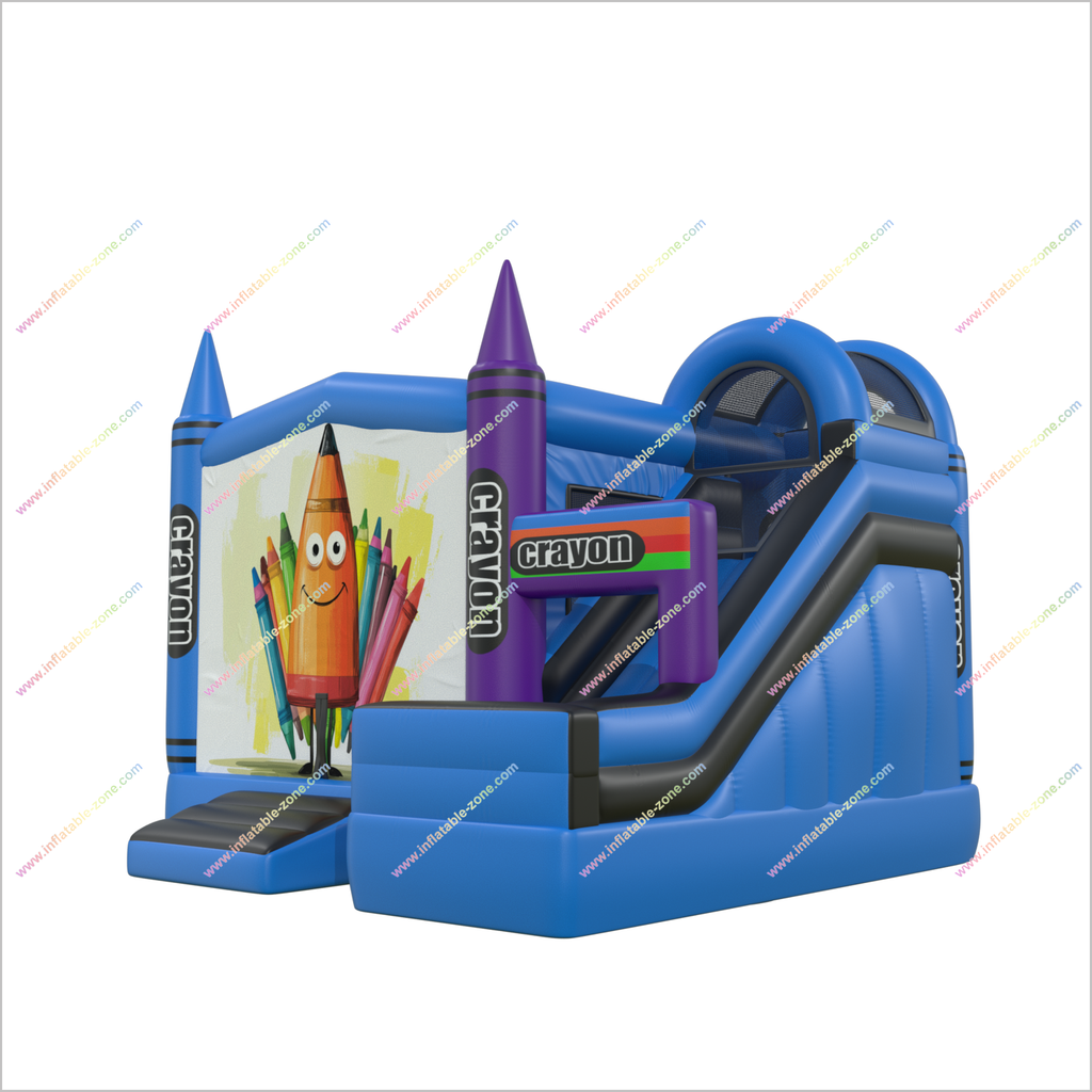 Kleurrijk Crayon Bounce House met grote glijbaan buiten spelen