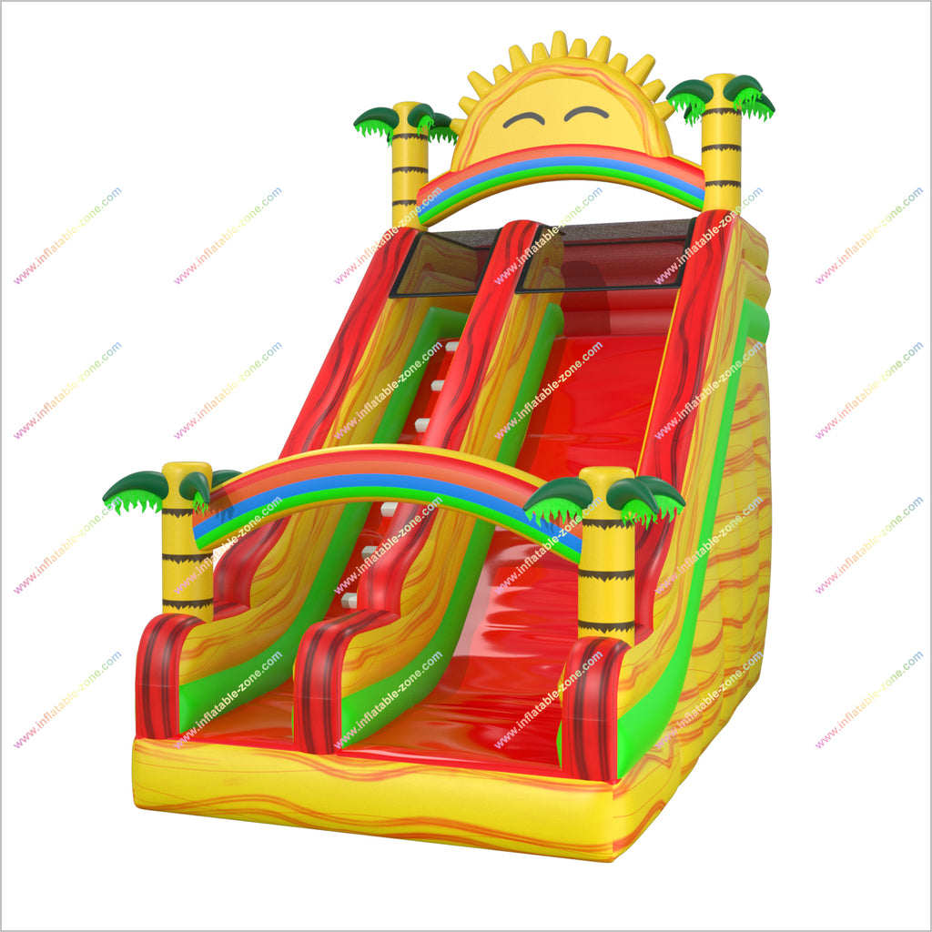 Sun Tropical Bouncy Castle Inflatable Slide Palm Trees And Rainbow Arc