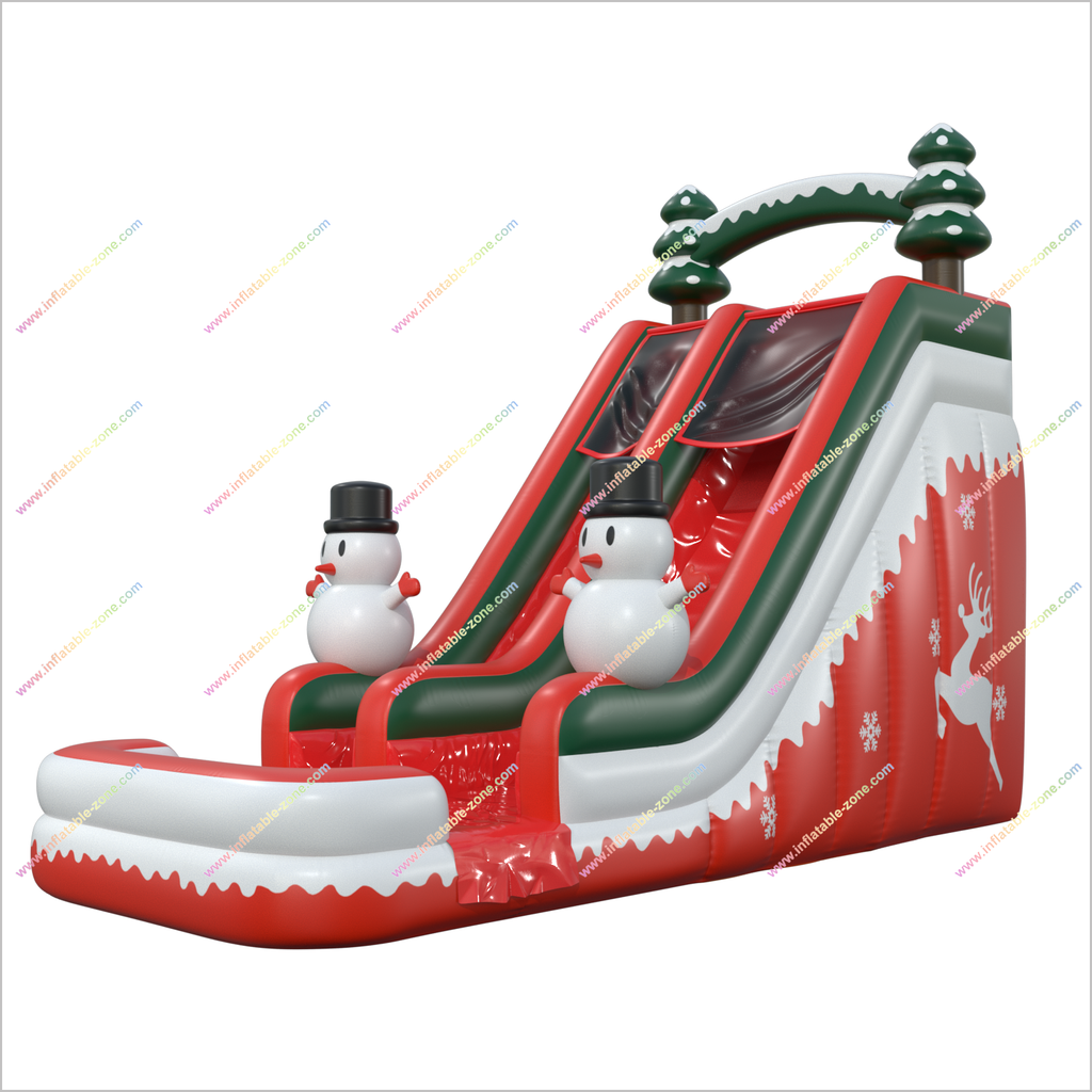 Fun Sunny Inflatable Water Slide Nearby Christmas Tree With Snowman Bl